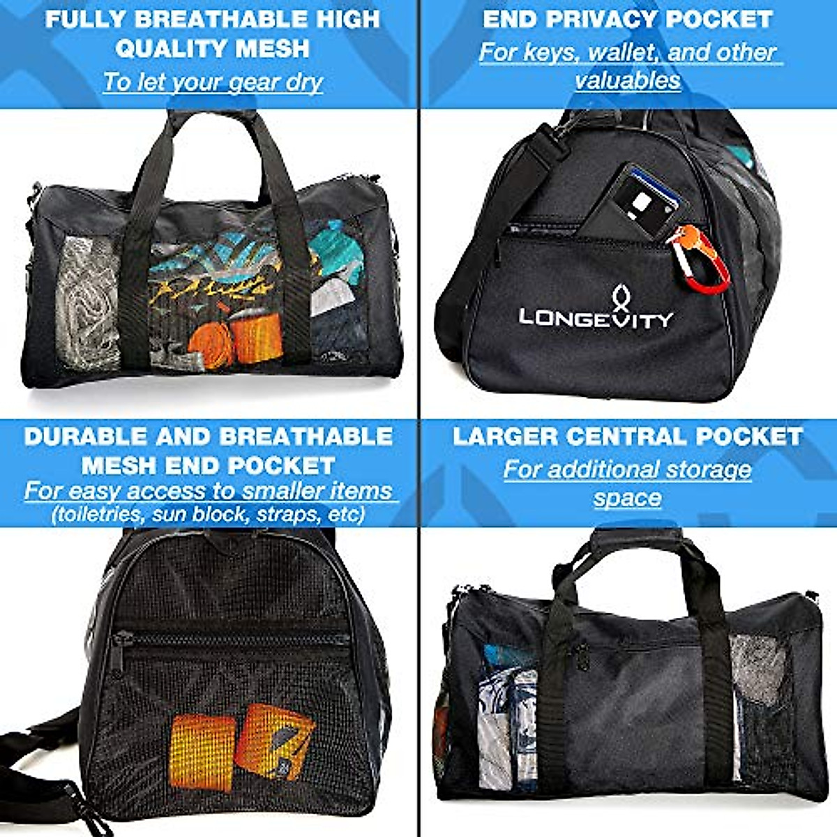 Longevity Gear Duffle Mesh Bags With Bottle Pocket, Breathable Duffel Bag for Sweaty Clothes and Equipment, Workout Bag, Gym Bag, Wrestling Bag, Swimmers, Active Athletes, | No More Stink