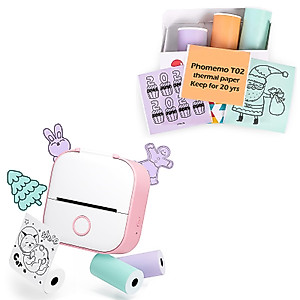 Memoqueen Mini Sticker Printer T02 Portable Thermal Printer, Instant Photo Printer Set & 3 Rolls Mint Green/Lavender Purple/Light Orange Adhesive Thermal Paper