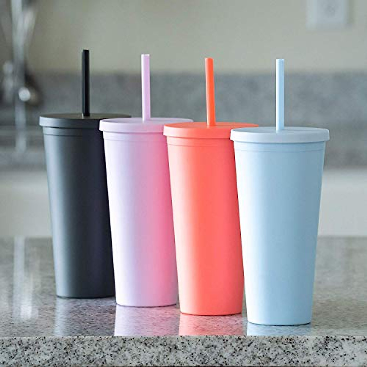 Tumblers with Lids (4 pack) 22oz Pastel Colored Acrylic Cups with Lids and Straws | Double Wall Matte Plastic Bulk Tumblers With FREE Straw Cleaner! Vinyl Customizable DIY Gifts