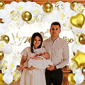 66 Pcs Baptism Party Decorations Mi Bautizo Backdrop Balloons Arch Garland Baptism Backdrop Gold Balloons for Boys Girls First Holy Communion Christening Celebration Accessories Photo Background