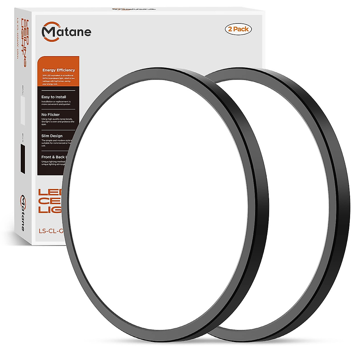 Matane 2 Pack 12 inch Flush Mount Ceiling Light Fixture, 24W LED Ceiling Lamp 3000K/4000K/5000K Selectable, Round Low Profile Ceiling Lights for Bedroom Laundry Kitchen, Black