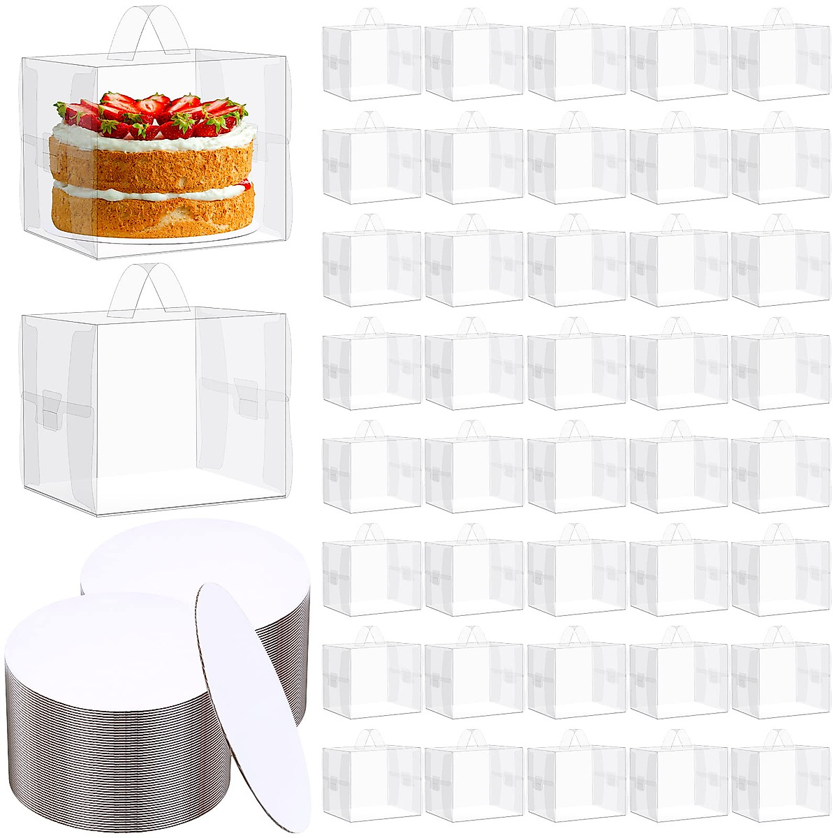 50 Pcs Clear Cake Boxes and 50 Pcs 6 Inch Round White Cake Boards 6x6x5inch Transparent Bakery Boxes with Boards Plastic Cake Carrier with Lid and Handle for Wedding Birthday Baby Shower Party Favor