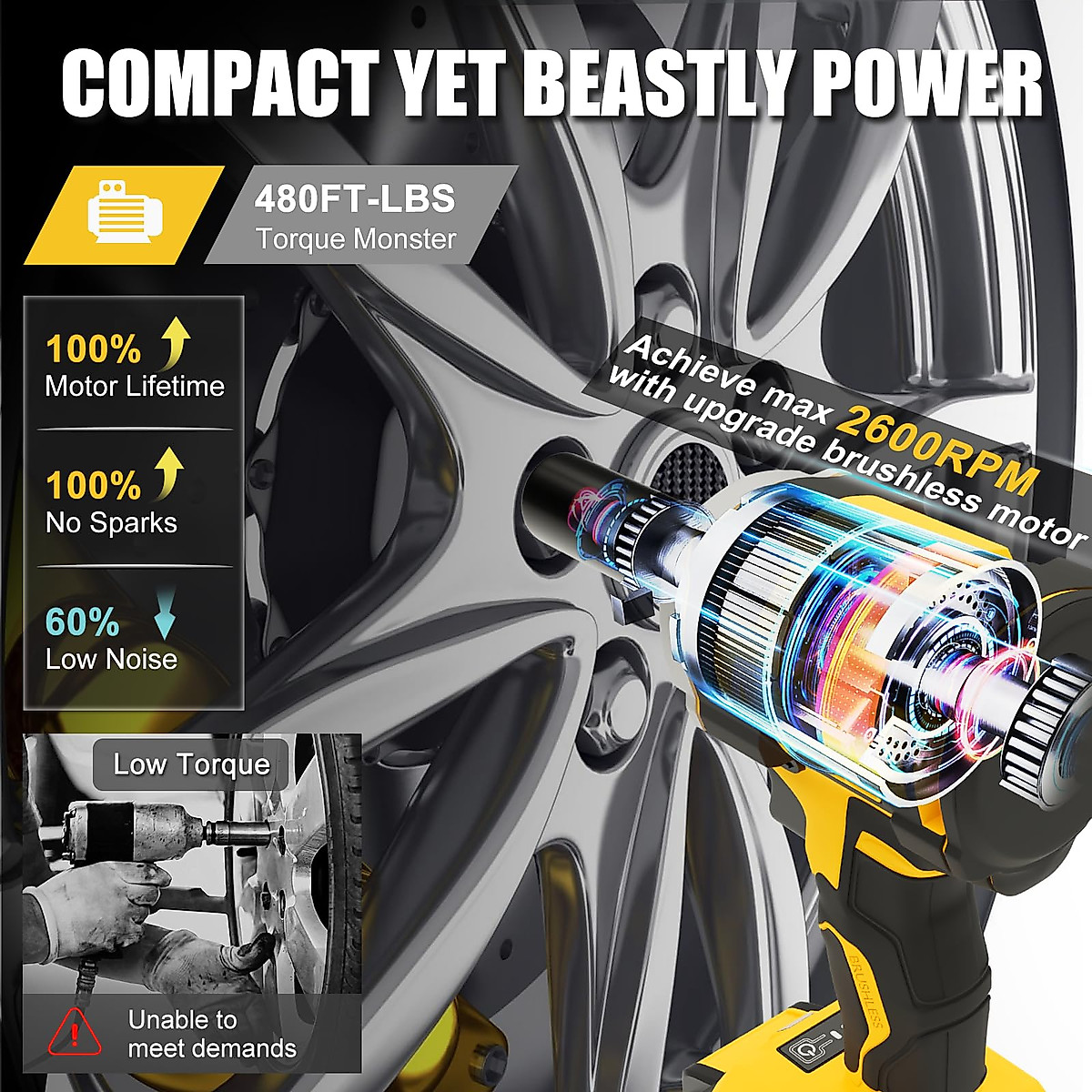 NCOEN 650N.m Cordless Impact Wrench 480Ft/lbs Brushless 1/2 Impact Gun Variable Speed 2800RPM Upgraded 3 in 1 High Torque Impact Drill 2x 4.0Ah Battery Charger 4 Sockets with Storage Bags