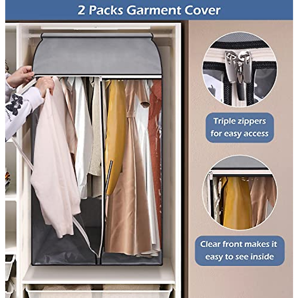 MISSLO 1 Pack 43" Hanging Garment Bags for Storage + 1 Pack 2 Shelves Clothing Racks for Hanging Clothes