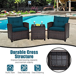 HAPPYGRILL 3 Pieces Patio Furniture Set Outdoor Furniture Rattan Wicker Chairs and Table Set, Balcony Porch Conversation Set with Washable Cushions & Tempered Glass Coffee Table (Blue)
