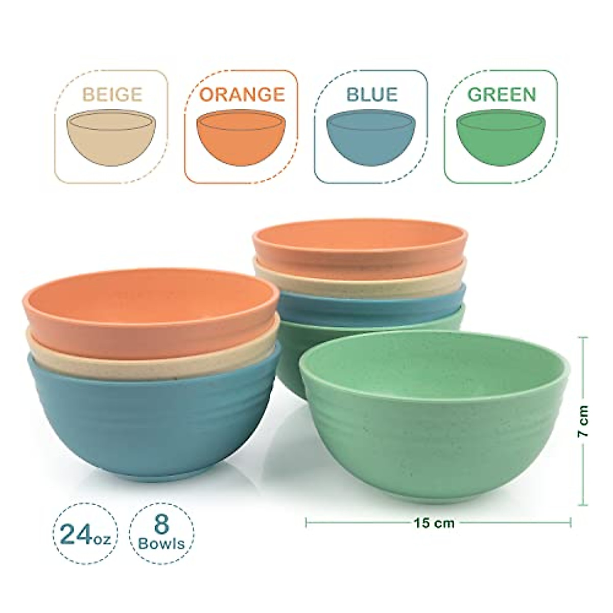 KUCHEEZE Plastic Bowls Reusable[Set of 8] 24 OZ Dishwasher & Microwave Safe Bowls. Colored Cereal Bowl Set - Unbreakable, Lightweight Plastic Cereal Bowls for Kitchen use for Noodles, Pasta, Soup bowl