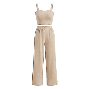 SOLY HUX Girl's Rib Knit Sleeveless Cami Crop Top and Wide Leg Pants 2 Pieces Solid Apricot 8-9Y