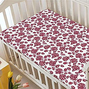 Rose Themed Fitted Mini Crib Sheets,Portable Mini Crib Sheets Ultra Soft Material-Crib Mattress Sheet or Toddler Bed Sheet,24“ x38“,Pale Maroon White