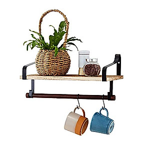 Coral Flower Floating Wall Shelf for Storage Wood-Based Board Kitchen Spice Rack with Towel Bar and 8 Removable Hooks, Carbonized Black