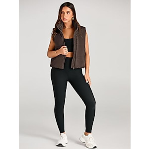 AUTOMET Puffer Vest Women Sleeveless Winter Cropped Outerwear Warm Puffer Lightweight Stand-up Collar Down with Pockets Coffee M