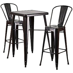Flash Furniture Commercial Grade 23.75" Square Black-Antique Gold Metal Indoor-Outdoor Bar Table Set with 2 Stools with Backs