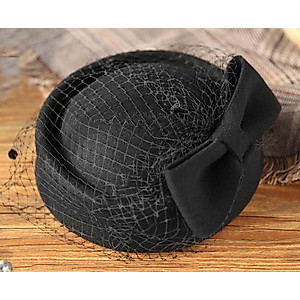 Pillbox Hat Fascinator Beret Wedding Party Top Hat Church Wool Hat for Women (Black)