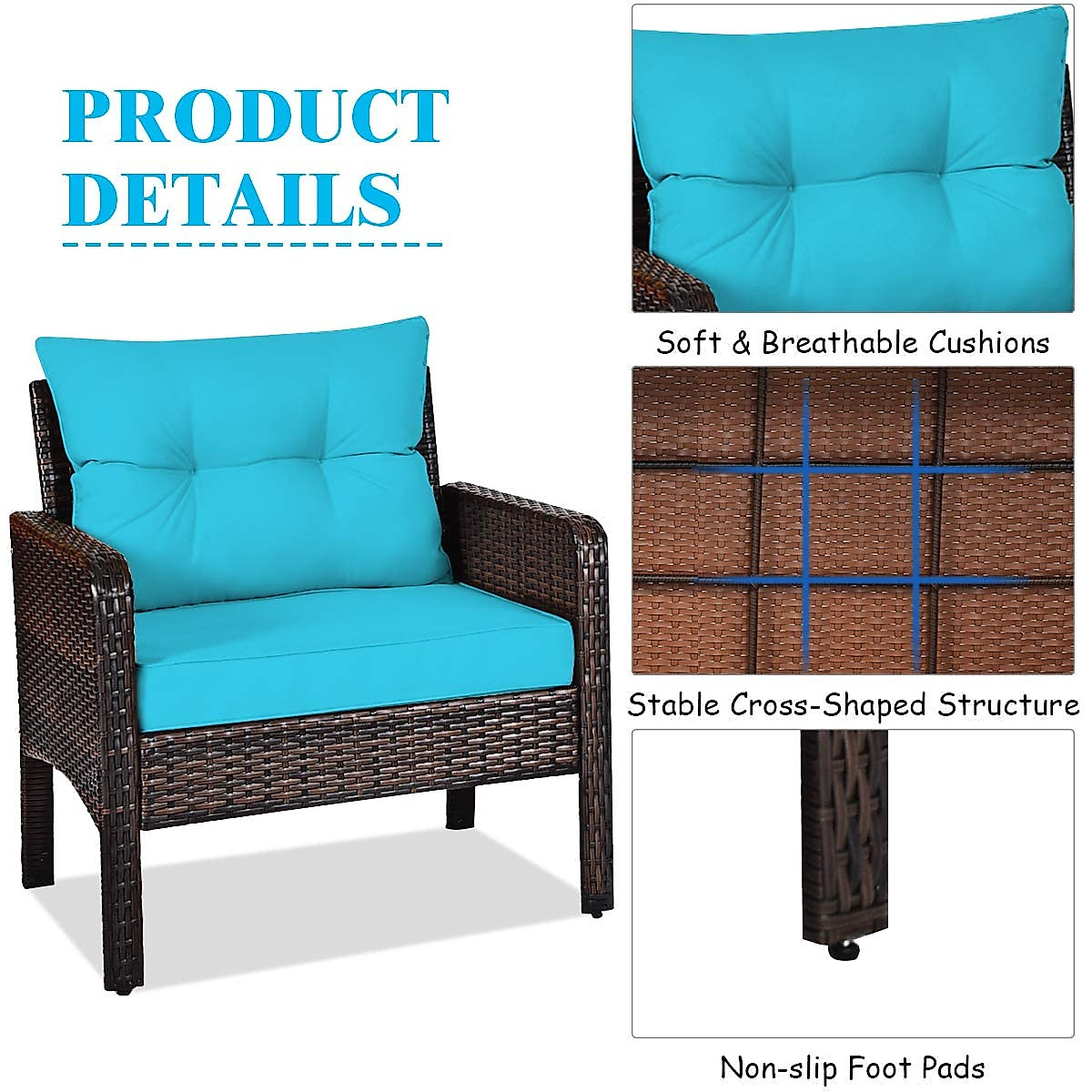 RELAX4LIFE 3-Piece Patio Furniture Set, PE Rattan Wicker Outdoor Conversation Set w/Glass Top Coffee Table & Thick Cushions for Deck Porch Balcony Garden, Bistro Table and Chairs Set of 2 (Turquoise)