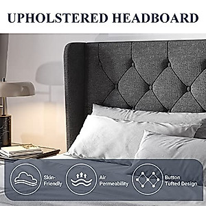 Allewie Full Size Bed Frame with Button Tufted Wingback Headboard, Modern Fabric Upholstered Platform Bed Frame with Strong Wood Slat Support, No Box Spring Needed, Easy Assembly, Dark Grey
