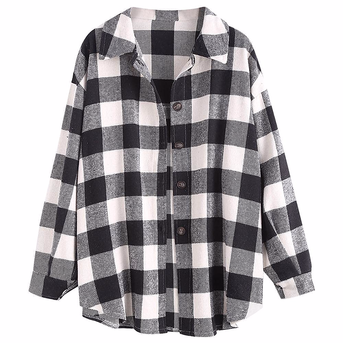 ZAFUL Women's Plaid Long Sleeve Shirt Button Down Wool Blend Thin Jacket Casual Blouse Tops with Pocket Black and White