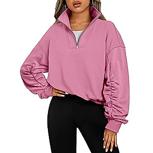 Trendy Queen Half Zip Pullover Womens Sweatshirts Cropped Hoodies Quarter Zip Long Sleeve Fall Outfits Fashion Clothes 2023 Pink