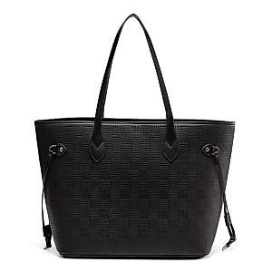 Daisy Rose Tote Shoulder Travel Bag & Matching Clutch PU Vegan Leather - Black Check