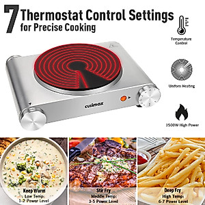 Cusimax Hot Plate Electric Burner Single Burner Cast Iron hot plates for cooking Portable Burner 1500W with Adjustable Temperature Control Stainless Steel Non-Slip Rubber Feet, Upgraded Version