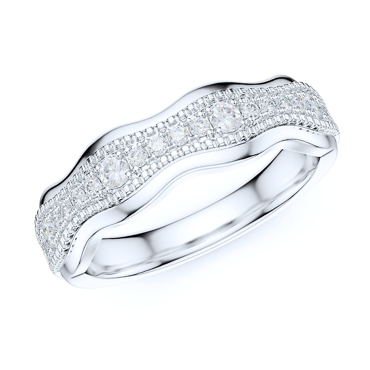 PRSTANI Sterling Silver Fancy Wave Shape Milgrain Simulated Round Brilliant Diamond Full Eternity Ring Wedding Band (12)