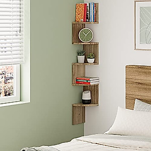 Wallniture Angolo Corner Shelf Wall Mount, 5 Tier Book Shelf for Wall Decor, DVD Storage, Plant Shelf Living Room, Bedroom, Office Burnt Finish Wood