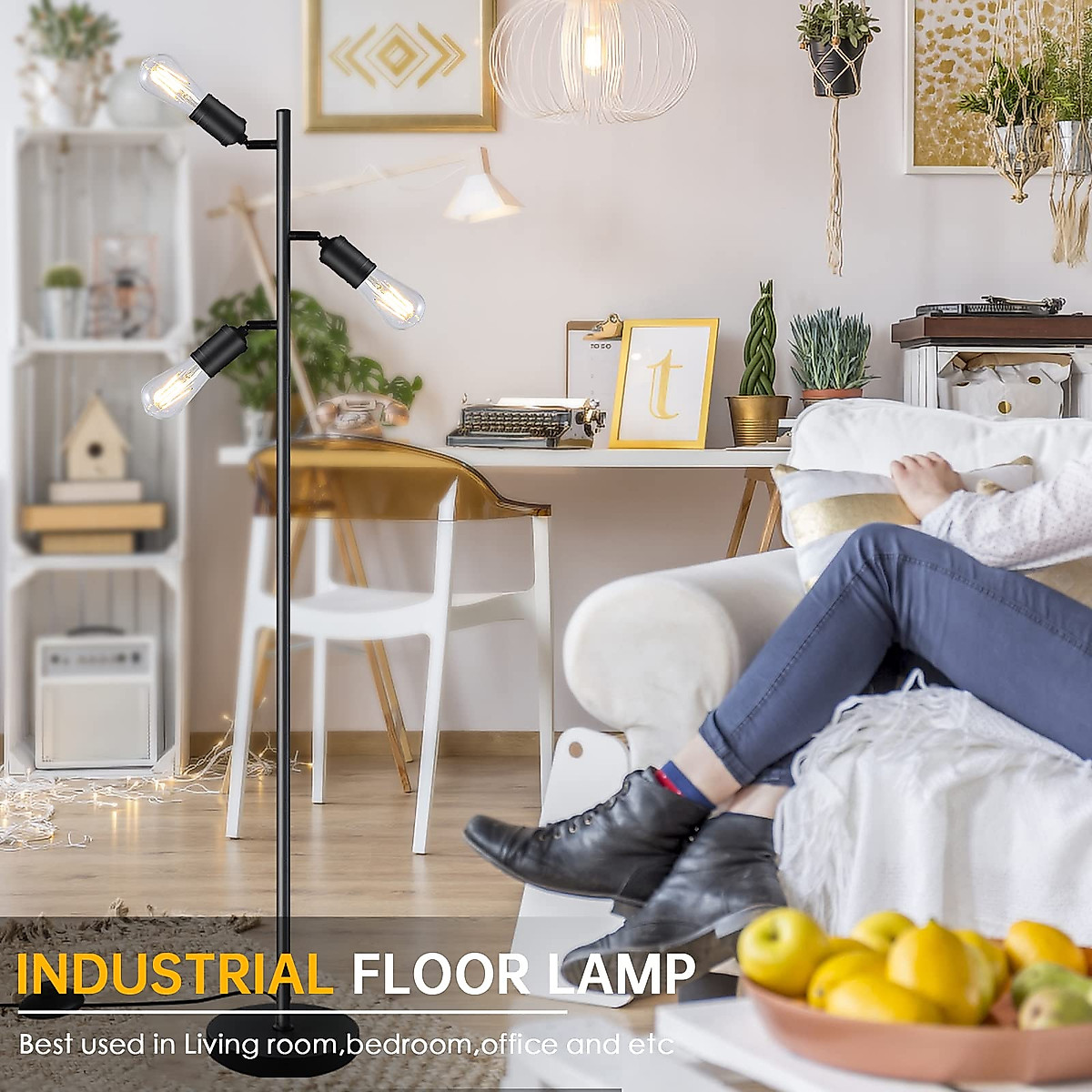 Bricosmocon Industrial Floor Lamp, Standing Lamp, Tree Floor Lamp with 3 Adjustable Rotating Lights, E26 Edison Bulb Floor Lamp for Living Room, Bedroom, Home, Office(Bulb not Included) (Black)