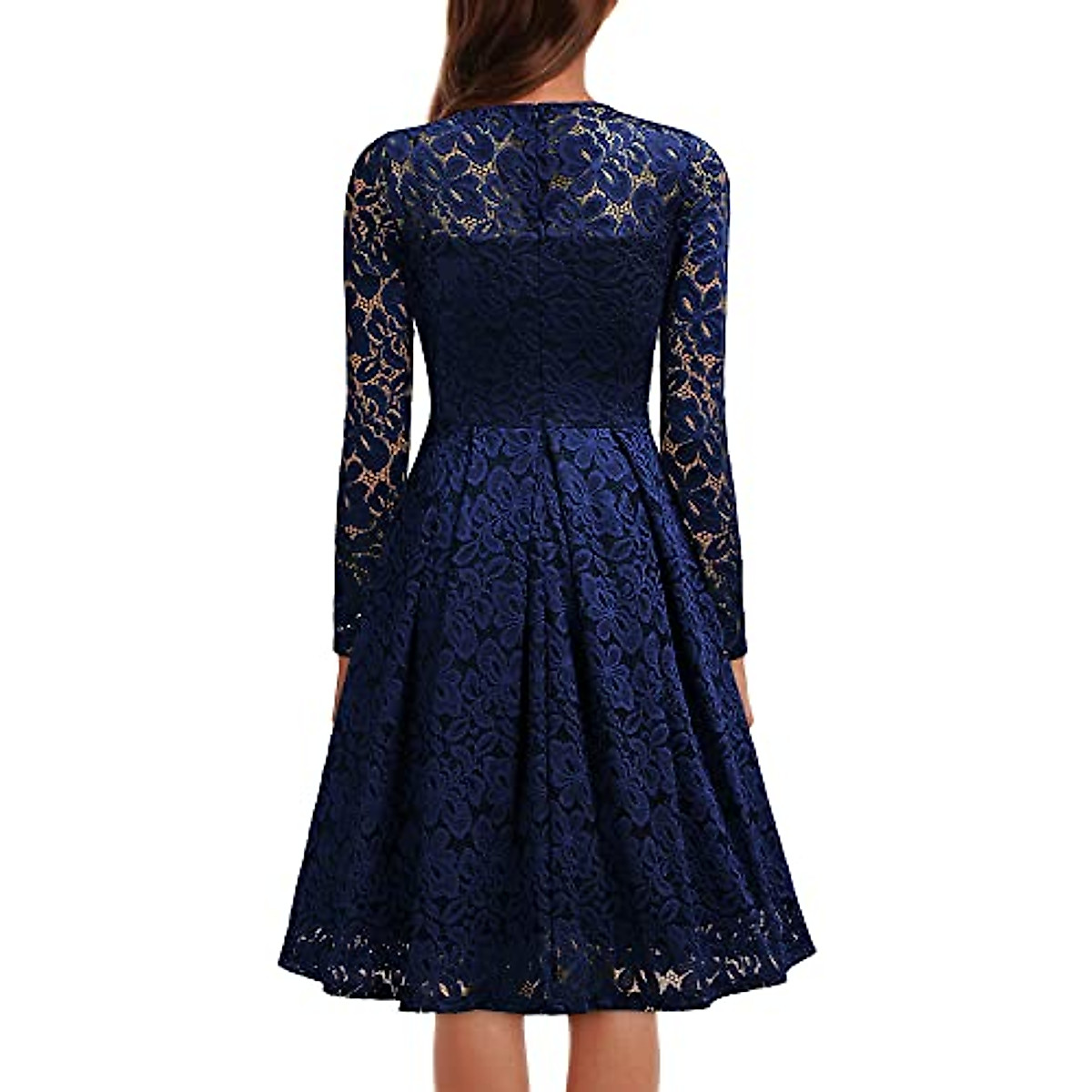 MISSMAY Women's Vintage Floral Lace Long Sleeve V Neck Cocktail Formal Swing Dress (Large, Navy Blue)