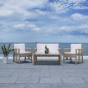 Safavieh Outdoor Collection Reslor Beige Wicker Cushion 4-Piece Living Set PAT7713B, Grey/White