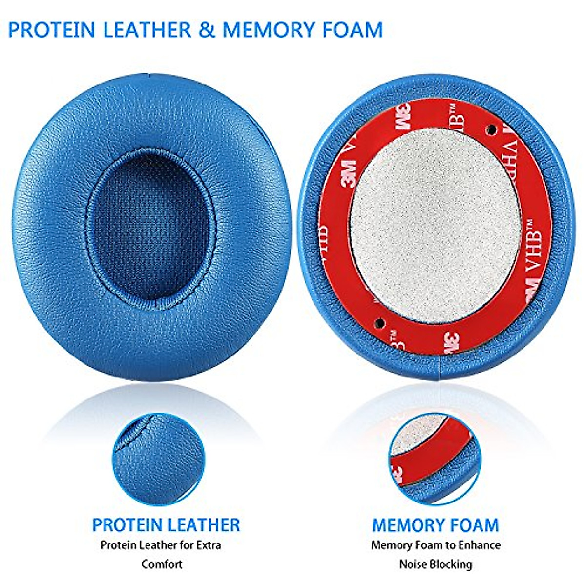 Jecobb Solo 2 Wired Replacement Earpads Ear Cushion Pads with Protein Leather and Memory Foam for Beats Solo2 Wired On-Ear Headphones by Dr. Dre ONLY (NOT FIT Solo 2/3 Wireless) (Blue)