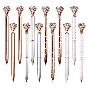 LONGKEY 12PCS Diamond Pens Large Crystal Diamond Ballpoint Pen Bling Metal Ballpoint Pen Office and School, Silver/White Rose Polka Dot/Rose Gold/Rose Gold with White Polka Dots,12Pen Refills. ?