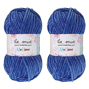 2 Skein La Mia Mellow Velvet Chenille Yarn for Knitting and Crocheting Baby Clothes, Blankets and Accessories, 100% Polyester, 100 gr (3.5 oz) / 115 m (125 Yards), Super Bulky, Blue - 936