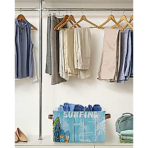 Storage Basket Summer Surfing Storage Bins Decorative Surfboard Tropical Palm Leaf Wood Grain Foldable Baskets for Toys Decorative Baskets for Closet Nursery