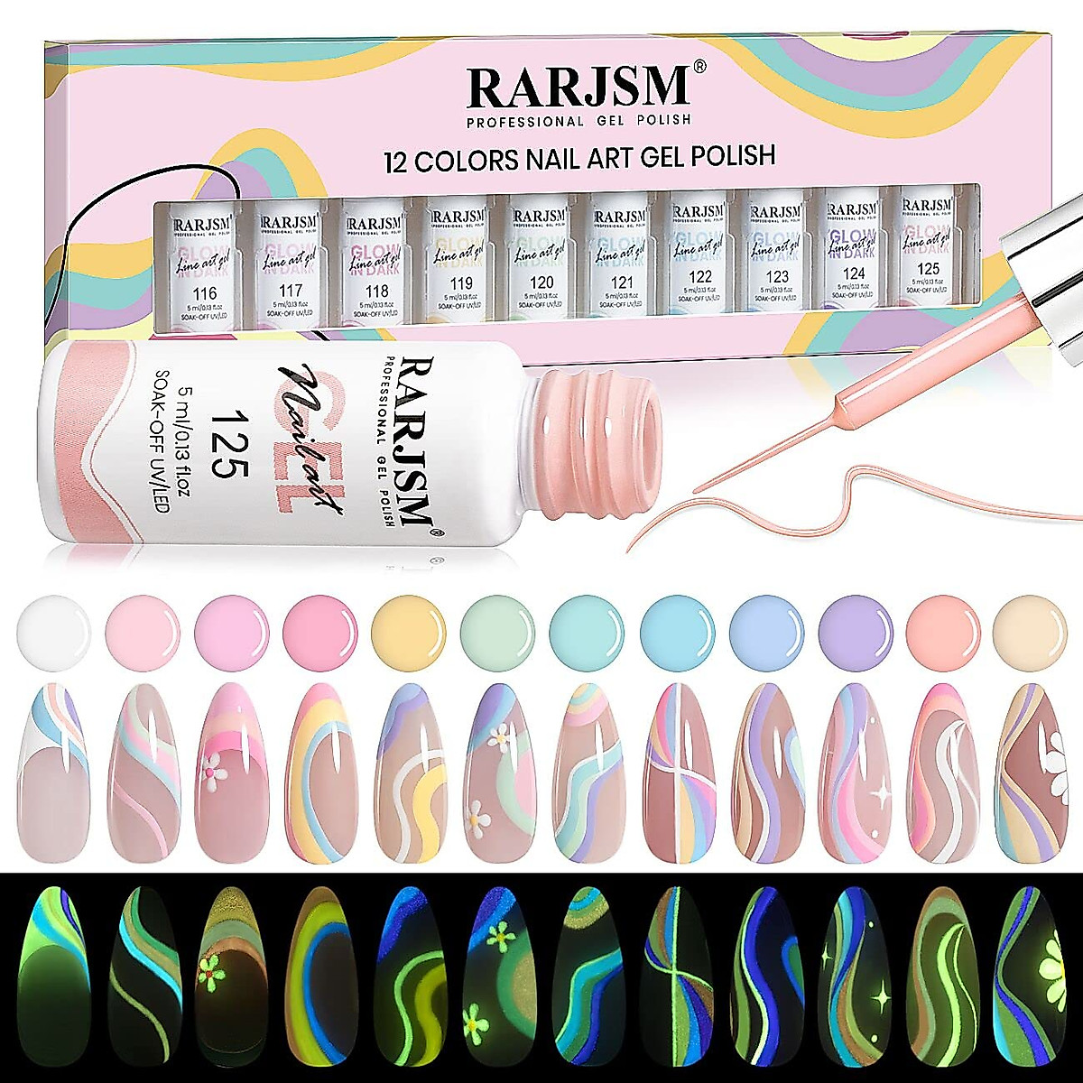 RARJSM Glow in The Dark Nail Art Gel Liner 12 Soft Pastel Colors Neon Green Blue Purple Pink Painting Luminous Polish Set UV LED Curing Requires Thin Brush for Swirl Nails Design
