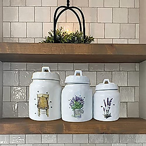 First of a Kind - Set of 3 Stoneware Canisters with Beehive, Lavender, and Bees - Decorative Kitchen Canister Sets - Ceramic Food Canister Jars for Tea, Sugar & Flour Storage