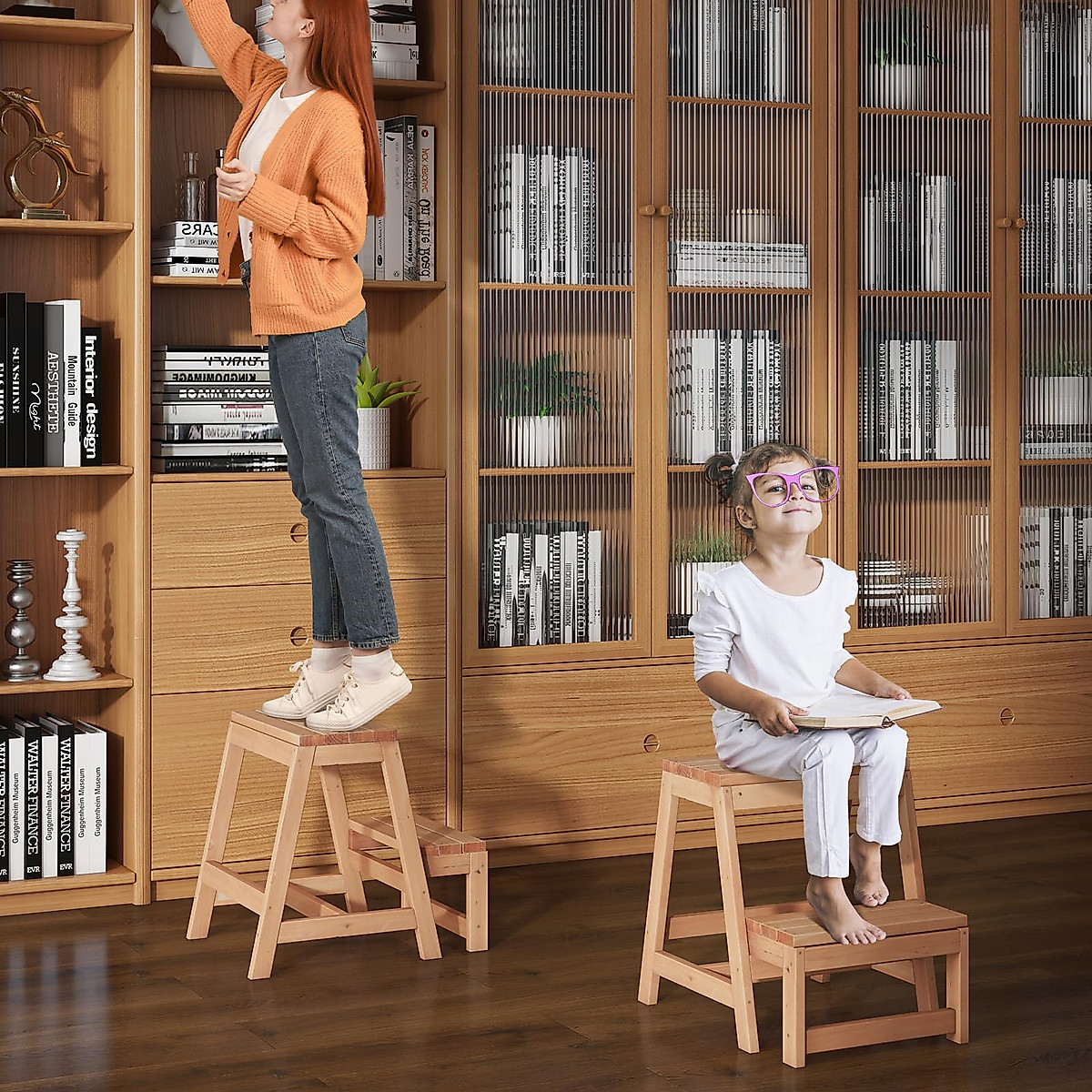 Giantex Folding Step Stool, Wooden 2-Step Stool for Kids & Adults, Holds up to 550Lbs, Portable Plant Stand, Multipurpose Storage Shelf, Stepping Stool for Kitchen Living Room (15.5" Wx20 Dx17.5 H)