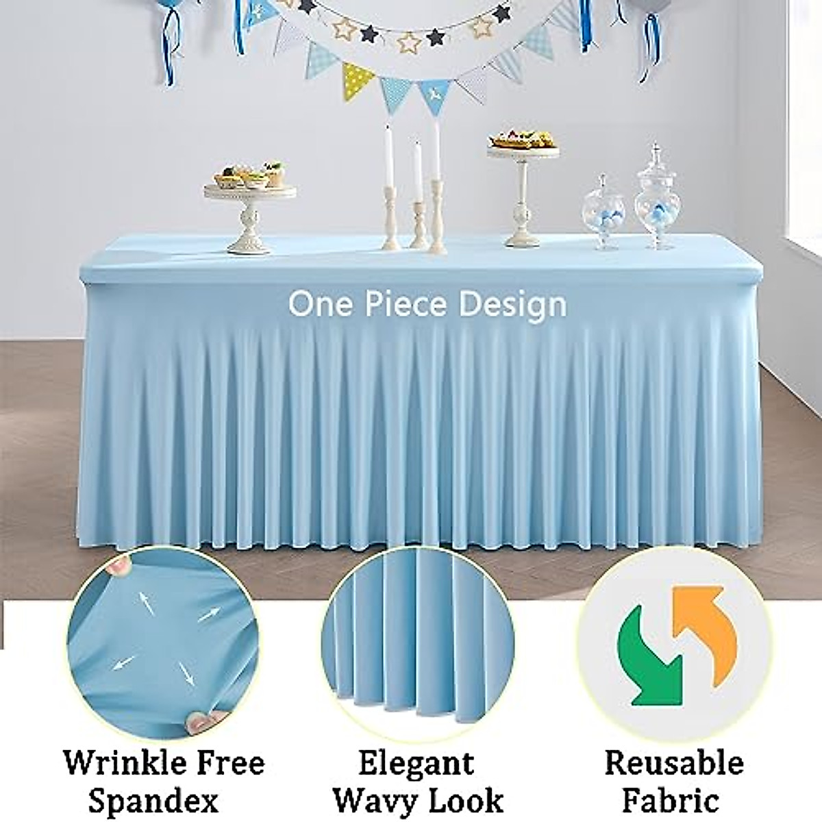 Htper Spandex Baby Blue Table Clothes for 8 Foot Rectangle Tables, Wrinkle Free Table Cloth 8ft Stretchy Tablecloths with Skirt for Parties Weddings Birthday Banquet Baby Shower, 1 Pack