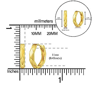 Immobird Gold Hoops Earrings 15mm Unique Geometric Cut Face 925 Sterling Silver Hoop Earrings Men or Women