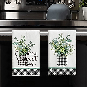 Artoid Mode Buffalo Plaid Eucalyptus Home Sweet Home Kitchen Towels Dish Towels, 18x26 Inch Seasonal Decoration Hand Towels Set of 4