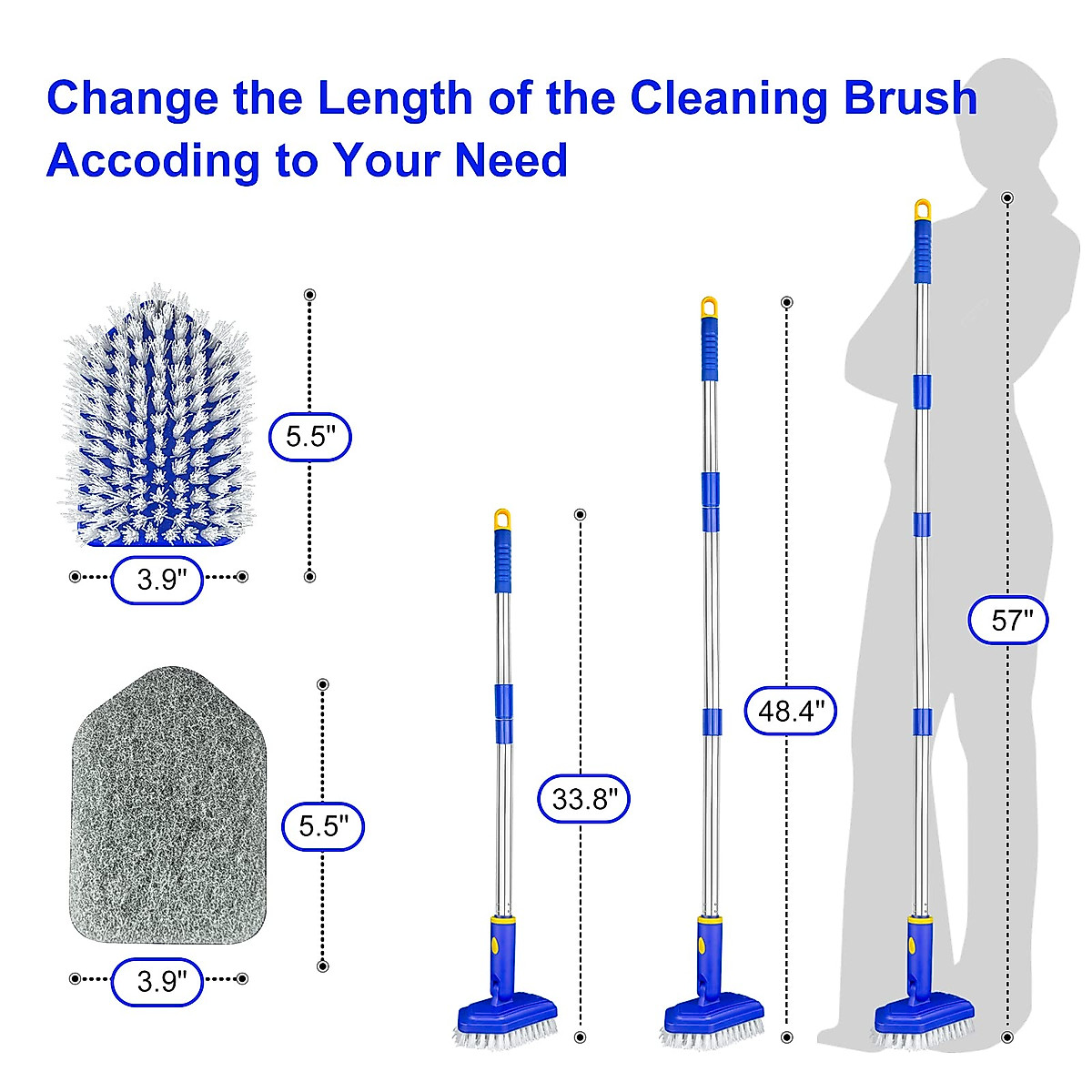 ITTAR Mutil-Purpose Scrub Brush with 3-Section Adjustable Long Handle, 56" Tub Tile Scrubber, 2-in-1 Shower Cleaning Brush & Sponge, Bathtub Cleaner Scrubber for Cleaning Walk-in Shower Bathroom