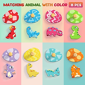 Zeoddler Wooden Puzzles for Toddlers, 8 Pcs Dinosaur Matching Egg Puzzle, Montessori Toys for Boy Girl Easter Birthday Gifts, Preschool Learning Activities & Educational Toys for Boys, Girls