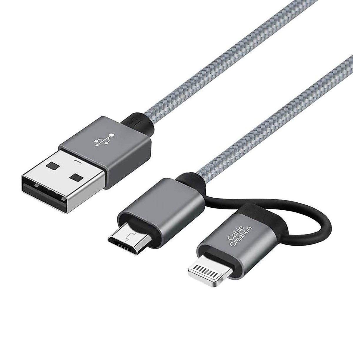 CableCreation 2-in-1 iPhone and Android Charging Cable 4FT/1.2m, Lightning and Micro USB to USB Charging Data Cord MFi Certified for iPhone 14, 13, 12, 11, X, 8, 8 Plus,7, Nexus, LG, HTC, Gray