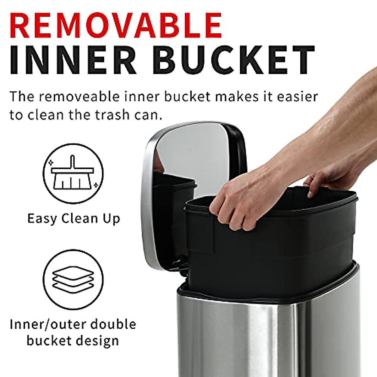 HCY Kitchen Trash Can Stainless Steel Metal Lid Step Can Garbage Can with Removable Plastic Inner Bucket Waste Bin for Office Kitchen Living Room Bathroom Bedroom 13 Gallon 50 Liter