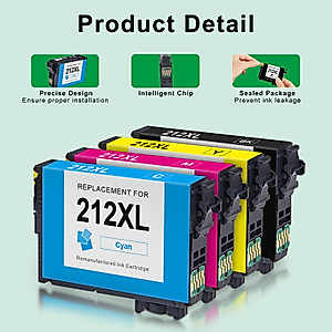 SAILNER 212XL Ink Cartridges Remanufactured Ink Cartridge Replacement for Epson 212XL 212 XL use with Expression Home XP4105 XP-4105 XP4100 XP-4100 Workforce WF-2850 WF2850 WF2830 Printer 4 Pack 212