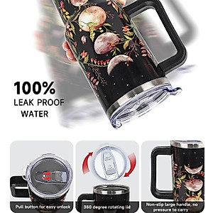 Rcvlauf 40 oz Tumbler with Handle and Straw Goth Tumbler Leak Proof Insulated Cup 40 oz Gothic Flower Moon Coffee Travel Mug Witchy Decor Stuff Goth Gifts for Women
