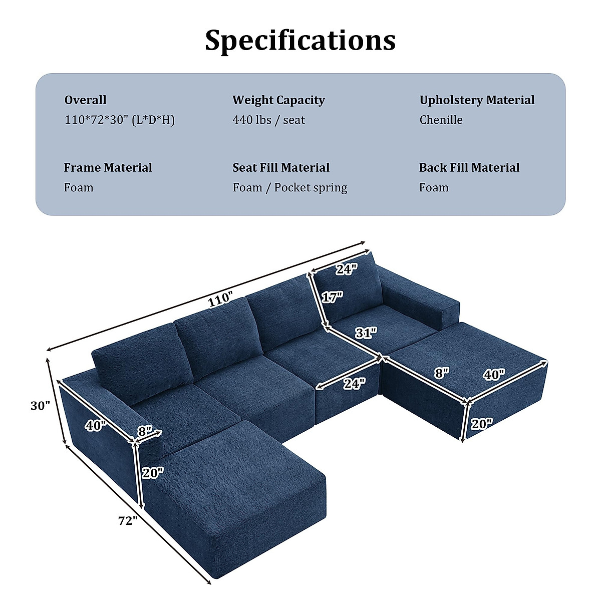 Minimalist Style Modular Sectional Sofa, Luxury Chenille Fabric Cloud Couch with Movable Ottoman, Sleeper Sofa Bed for Living Room, No Assembly Require-Blue