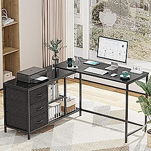 SUPERJARE L Shaped Desk with Drawers & Shelves and Nightstands Set of 2 with Charging Station & LED Light Strips, Black