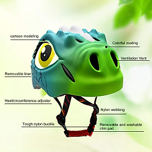 3D Cartoon Dinosaur Kid Safety Green Helmet with Rear LED Warning Light Adjusted Belt for Multi-Sport Bike Protective Gear Rollerblading Inlineskating Cycling Balance Use Youth Girls Boys 5-8 (Green)