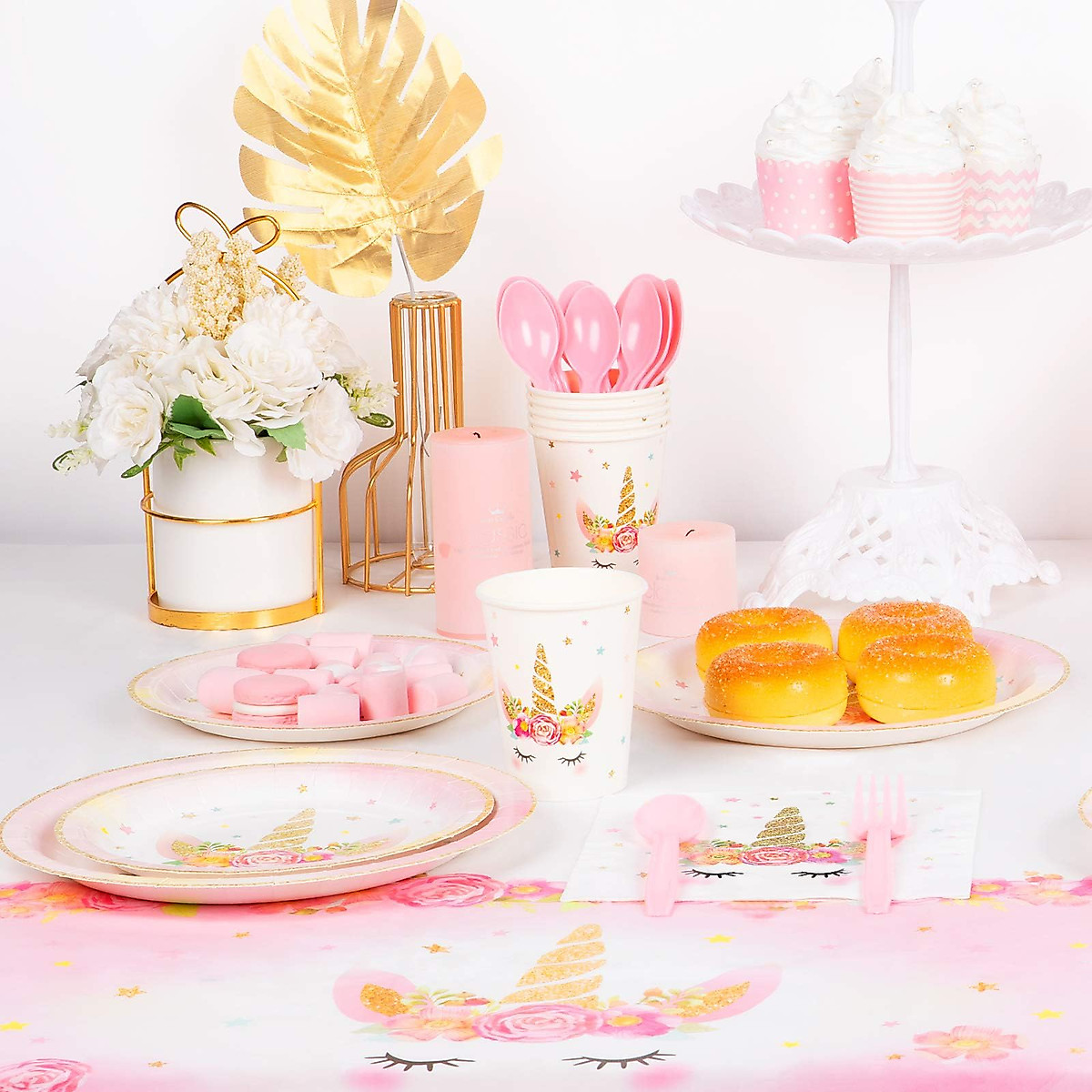 DECORLIFE Unicorn Plates and Napkins Set Serves 16, Unicorn Party Supplies for Girls Birthday, Baby Shower, Cups, Knives, Forks, Spoons Included, Total 112PCS