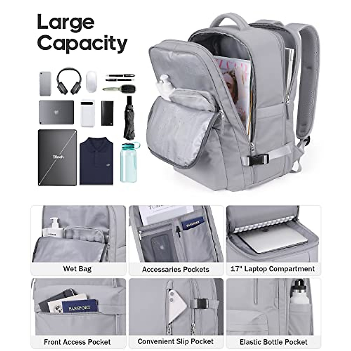 Large Travel Laptop Backpack, Expandable 45L Carry On Backpack Water Resistant Airline Approved Business Work Computer Bag Gifts for Men & Women Fits 17 Inch Notebook