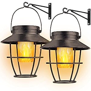 Solar Lantern Outdoor Vintage Metal, KINGLEAD Hanging Solar Lights Flickering Flame Lantern for Halloween Decorative Garden Patio Yard Porch Outdoor Waterproof Wall lights with Wall Mount Kit (2 Pack)