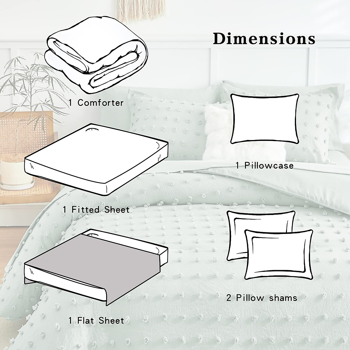 6 Pieces Tufted Dots Bed in a Bag Twin Comforter Set with Sheets Green , Soft and Embroidery Shabby Chic Boho Bohemian Comforters, Solid Color with Pom Pom Design, Jacquard Tufts Bedding Set for Kids